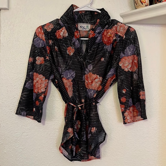 Cal Togs | Tops | Vintage 7s Sheer Striped Metallic Floral Print Belted ...